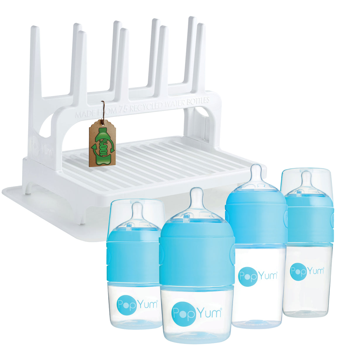 PopYum Blue Baby Bottle Set 4-Pack with White Drying Rack & Clear Dryi